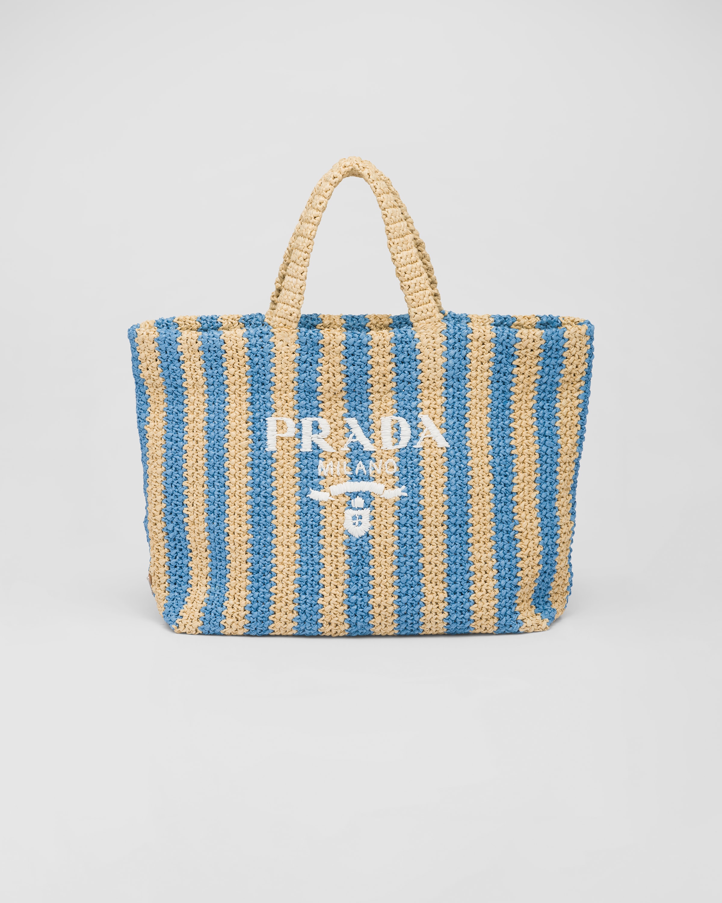 Prada Large Crochet Tote Bag - Tan / Light Blue | Editorialist